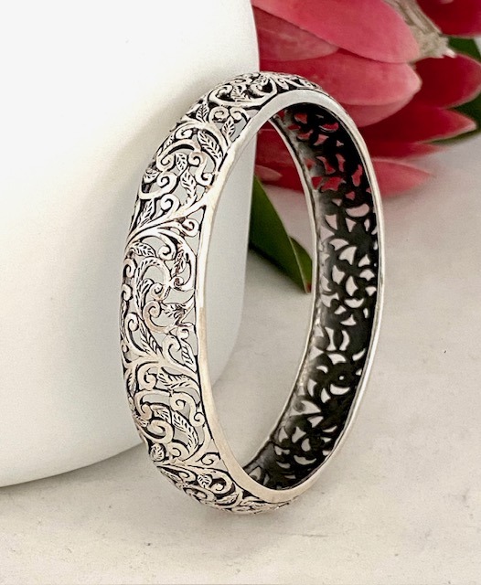 Sterling silver wide solid fillagree bangle 20mm wide | VDM Jewellery