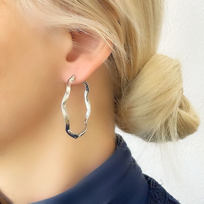 Sterling silver large wavy hoop earrings 50mm size | VDM Jewellery